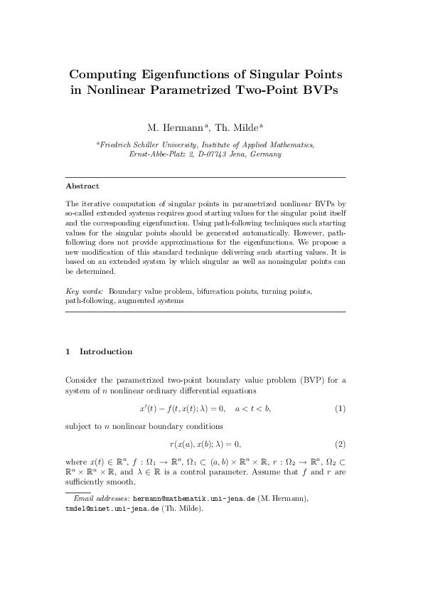Pdf Computing Eigenfunctions Of Singular Points In Nonlinear Parametrized Two Point Bvps