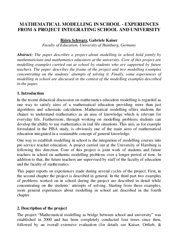 (PDF) Mathematical Modelling in School - Experiences From a Project Integrating School and ...