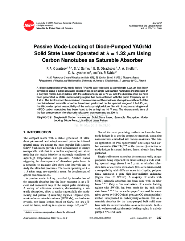 Pdf Passive Mode Locking Of Diode Pumped Yag Nd Solid State Laser