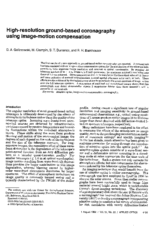 (PDF) High-resolution ground-based coronagraphy using image-motion ...