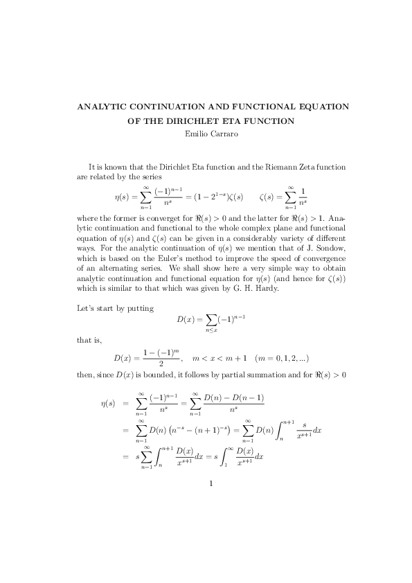 (PDF) ANALYTIC CONTINUATION AND FUNCTIONAL EQUATION OF THE DIRICHLET ETA FUNCTION