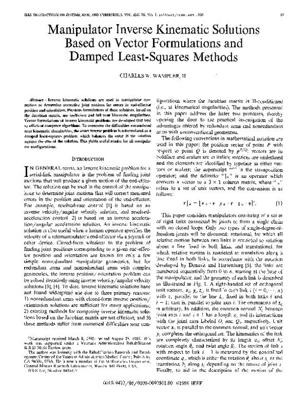 (PDF) Manipulator inverse kinematic solutions based on vector formulations and damped least ...