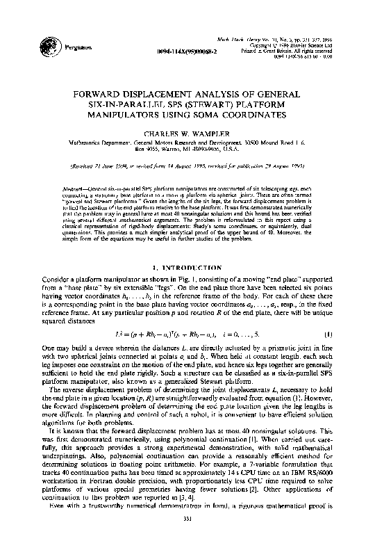 (PDF) Forward displacement analysis of general six-in-parallel sps (Stewart) platform ...