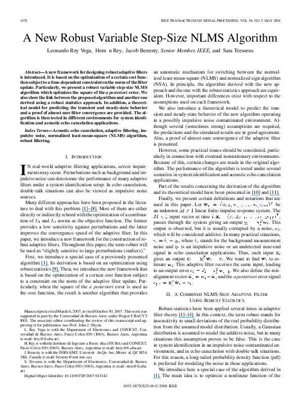 Pdf A New Robust Variable Step Size Nlms Algorithm Hernán Rey