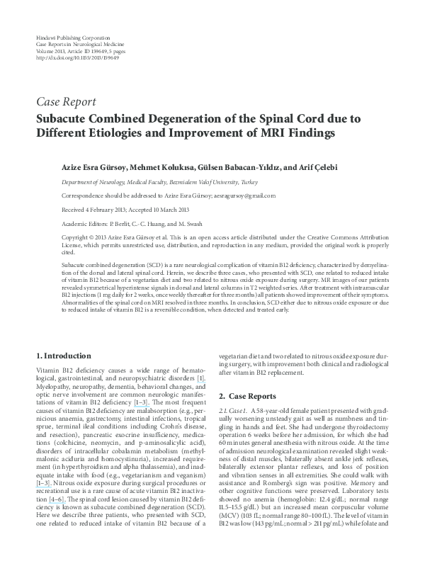 (PDF) Subacute combined degeneration of the spinal cord and air ...
