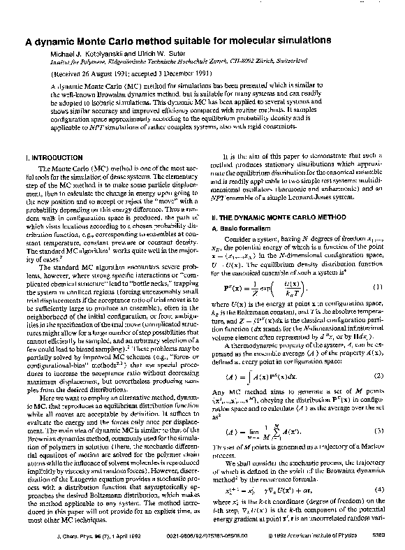 Pdf A Dynamic Monte Carlo Method Suitable For Molecular Simulations