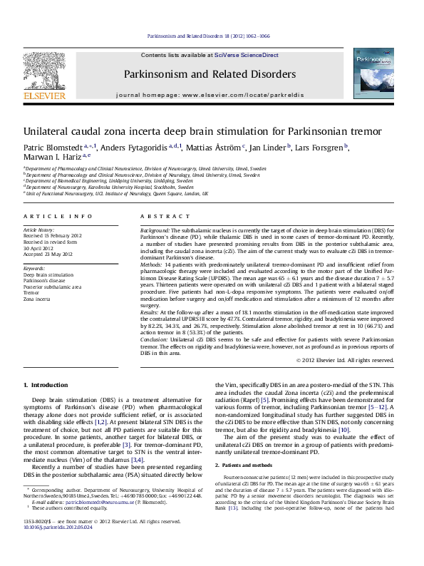 (PDF) Unilateral caudal zona incerta deep brain stimulation for ...