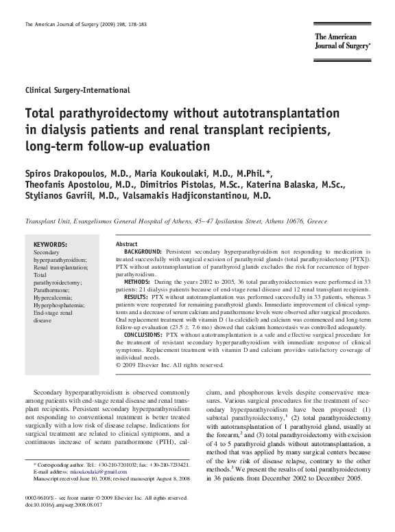 (PDF) Total parathyroidectomy without autotransplantation in dialysis ...