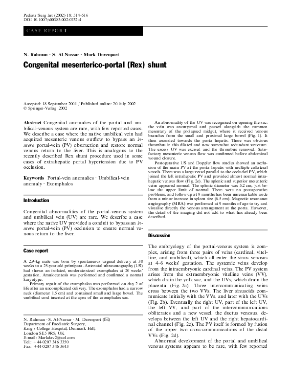 (PDF) Congenital mesenterico-portal (Rex) shunt