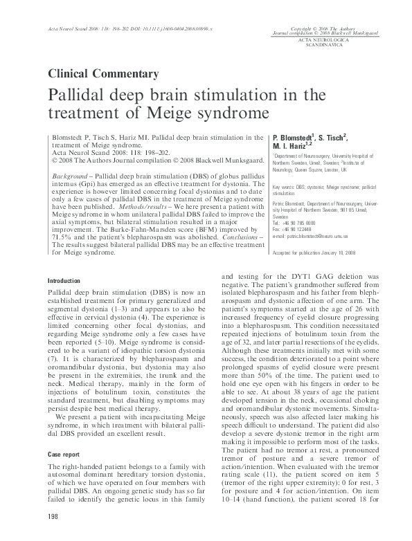 (PDF) Pallidal deep brain stimulation in the treatment of Meige syndrome