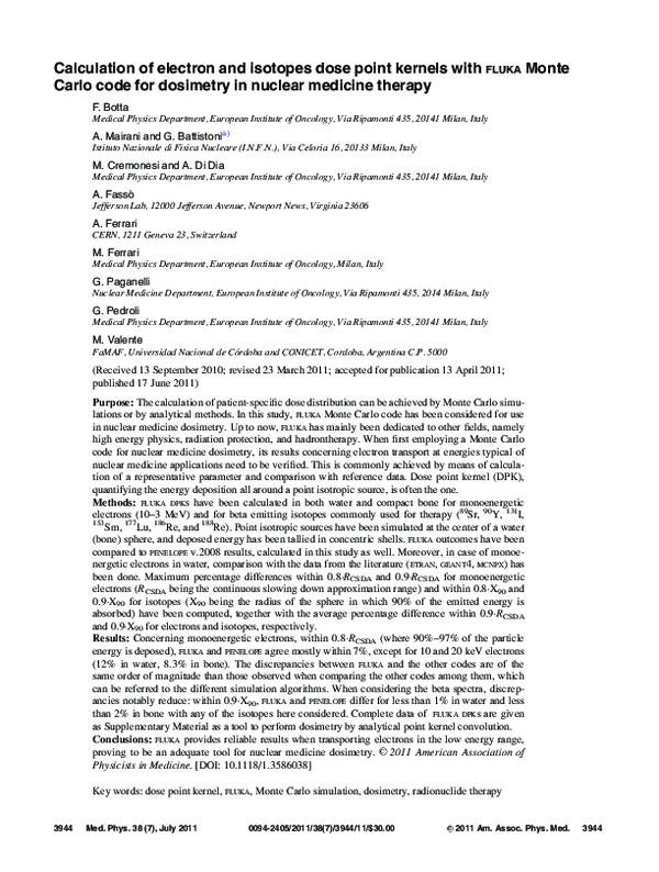 Pdf Calculation Of Electron And Isotopes Dose Point Kernels With Fluka Monte Carlo Code For