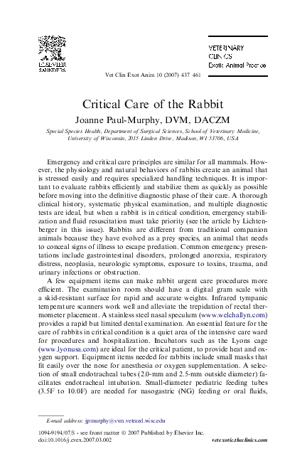 (PDF) Critical Care of the Rabbit