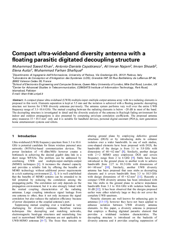 (PDF) Compact ultra-wideband diversity antenna with a floating parasitic digitated decoupling ...