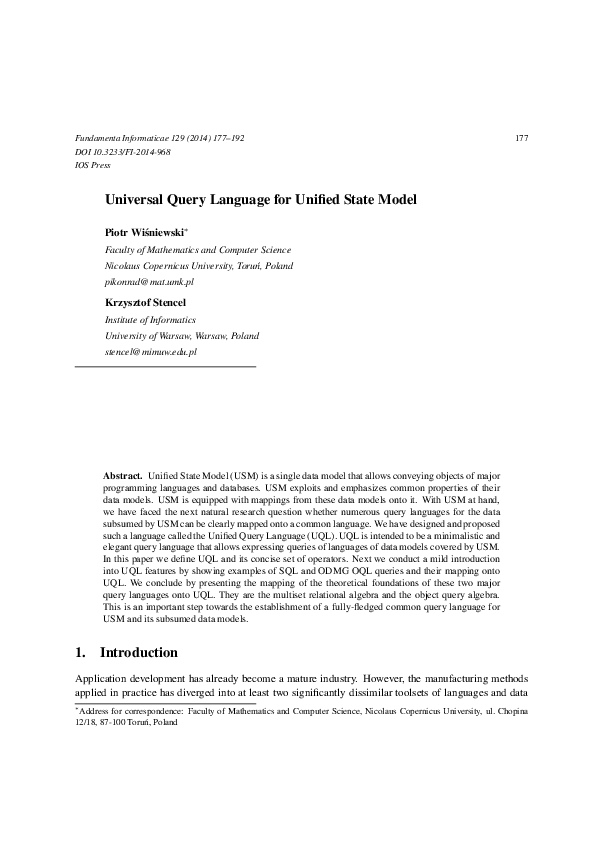 (PDF) Universal Query Language for Unified State Model