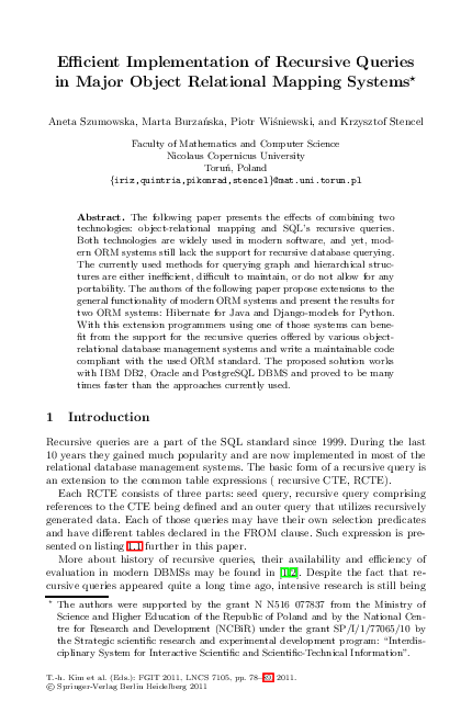 Pdf Efficient Implementation Of Recursive Queries In Major Object Relational Mapping Systems 