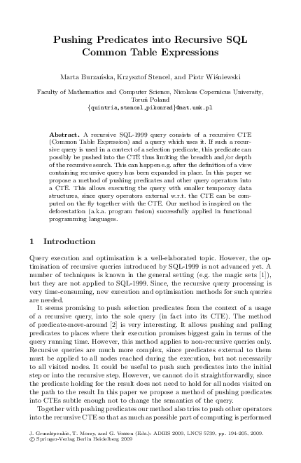 (PDF) Pushing Predicates into Recursive SQL Common Table Expressions
