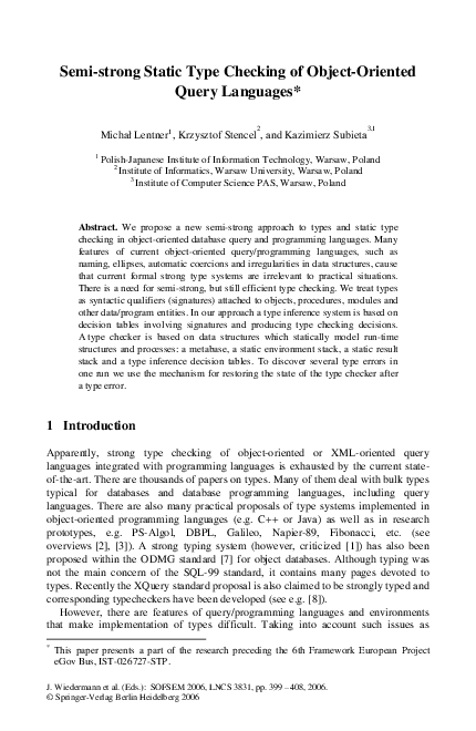 (PDF) Semi-strong Static Type Checking of Object-Oriented Query Languages