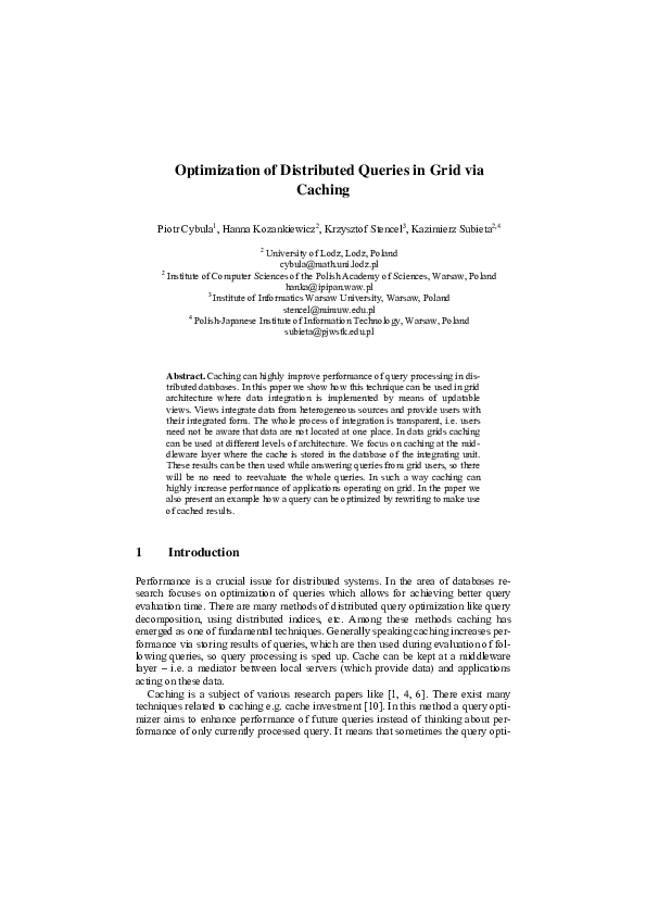 (PDF) Optimization of Distributed Queries in Grid Via Caching