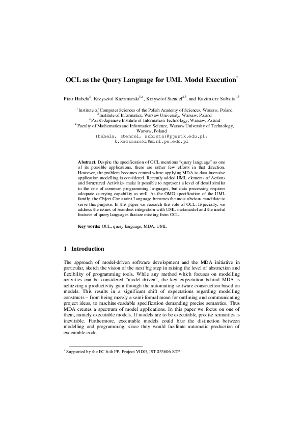 Pdf Ocl As The Query Language For Uml Model Execution