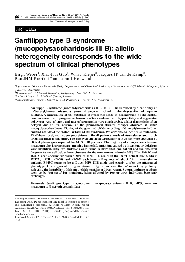 (PDF) Sanfilippo type B syndrome (mucopolysaccharidosis III B): allelic ...