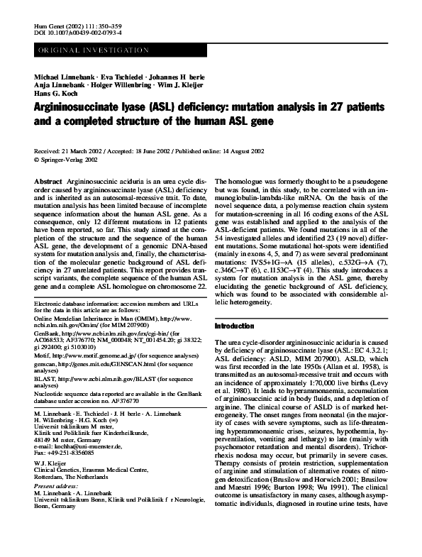 (PDF) Argininosuccinate lyase (ASL) deficiency: mutation analysis in 27 ...