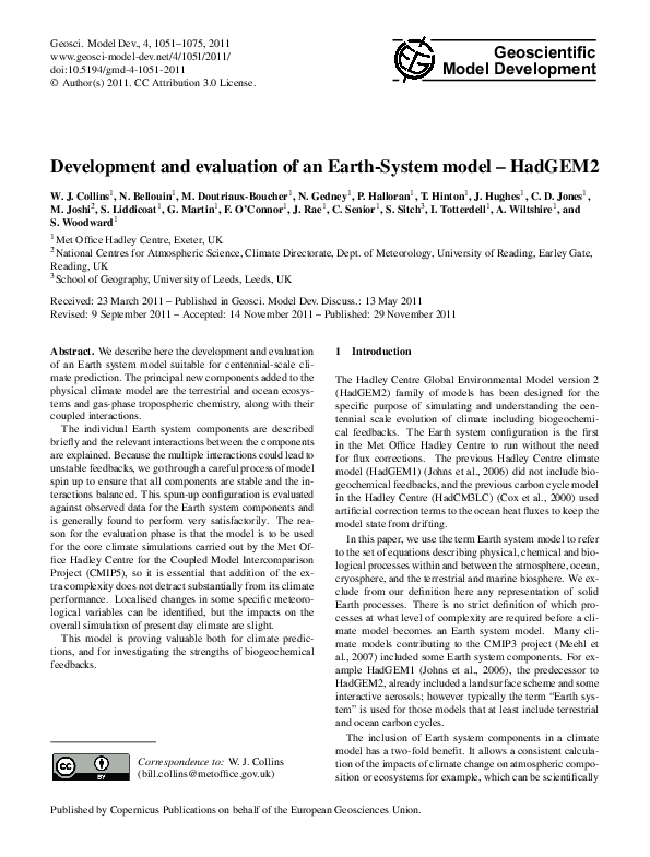 (PDF) Development and evaluation of an Earth-System model – HadGEM2