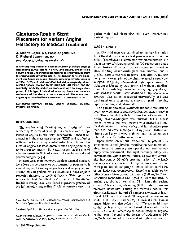 (PDF) Gianturco-Roubin stent placement for variant angina refractory to ...