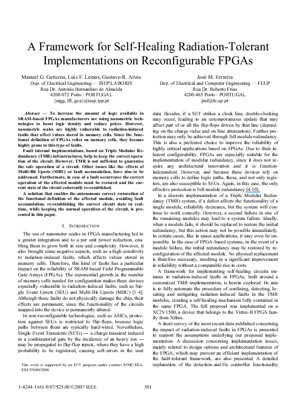 (PDF) A Framework for Self-Healing Radiation-Tolerant Implementations on Reconfigurable FPGAs