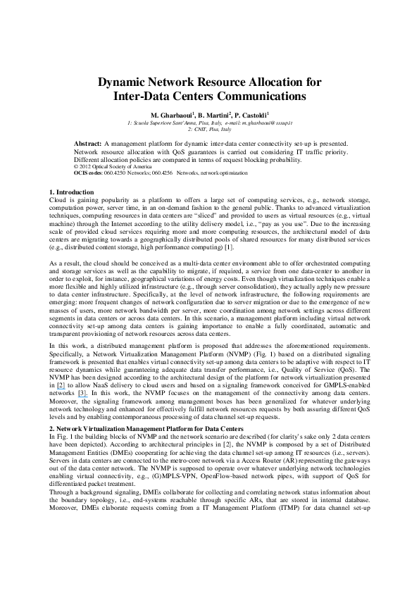 Pdf Dynamic Network Resource Allocation For Inter Data Centers Communications