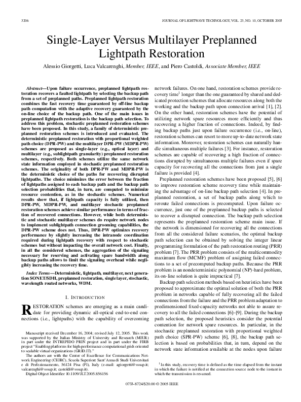 (PDF) Single-layer versus multilayer preplanned lightpath restoration