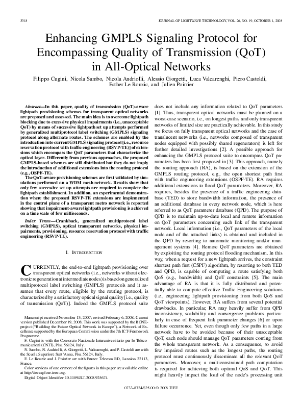 (PDF) Enhancing GMPLS Signaling Protocol for Encompassing Quality of Transmission (QoT) in All ...