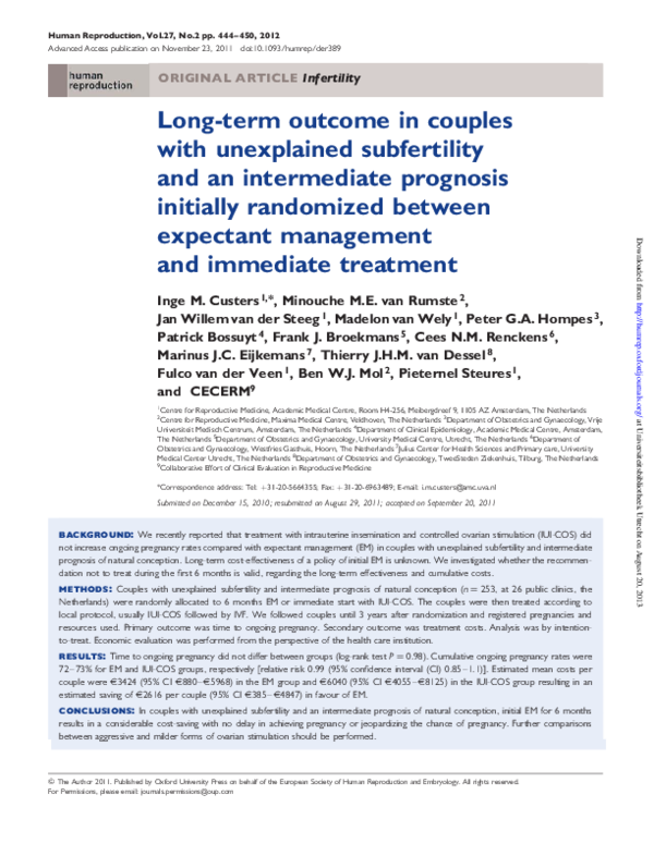 (PDF) Long-term outcome in couples with unexplained subfertility and an ...