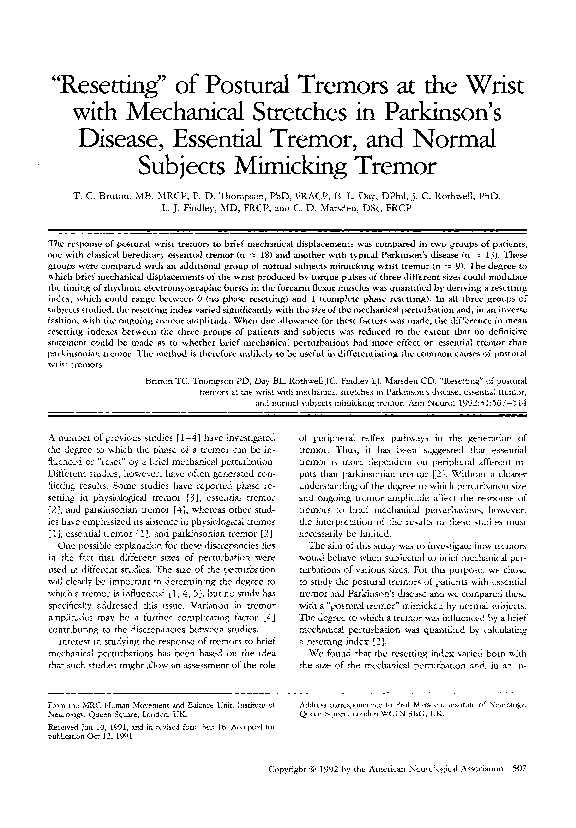 (PDF) ?Resetting? of postural tremors at the wrist with mechanical ...