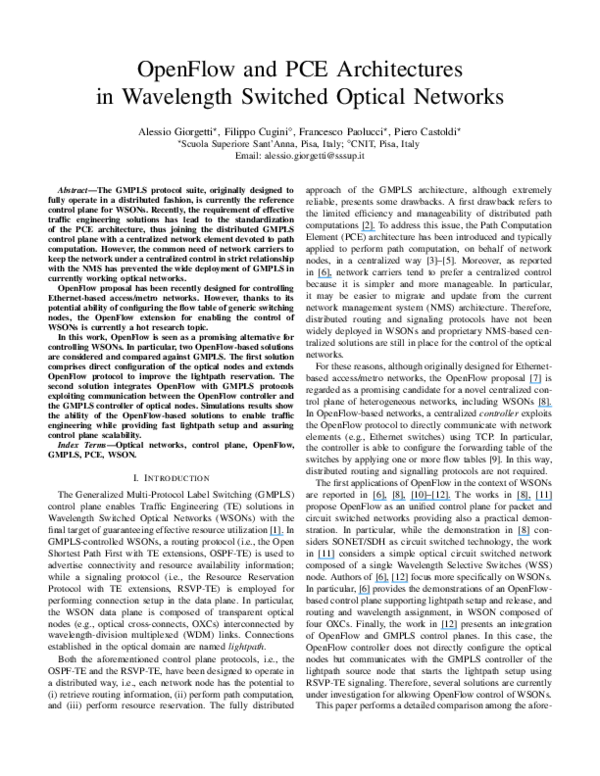 (PDF) OpenFlow and PCE Architectures in Wavelength Switched Optical Networks