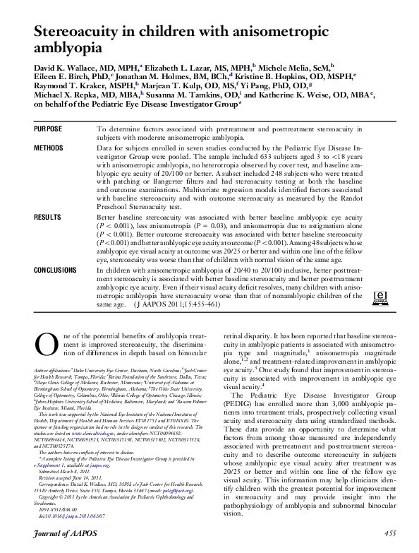 (PDF) Stereoacuity in children with anisometropic amblyopia