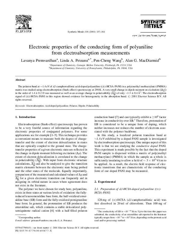 Pdf Electronic Properties Of The Conducting Form Of Polyaniline From Electroabsorption