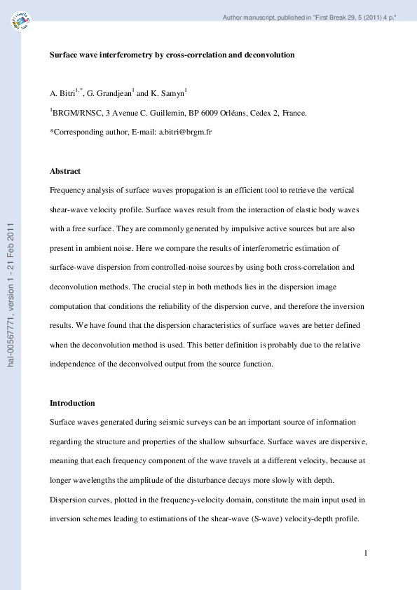 (PDF) Surface wave interferometry by cross-correlation and deconvolution