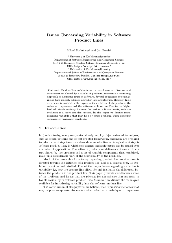 Pdf Issues Concerning Variability In Software Product Lines