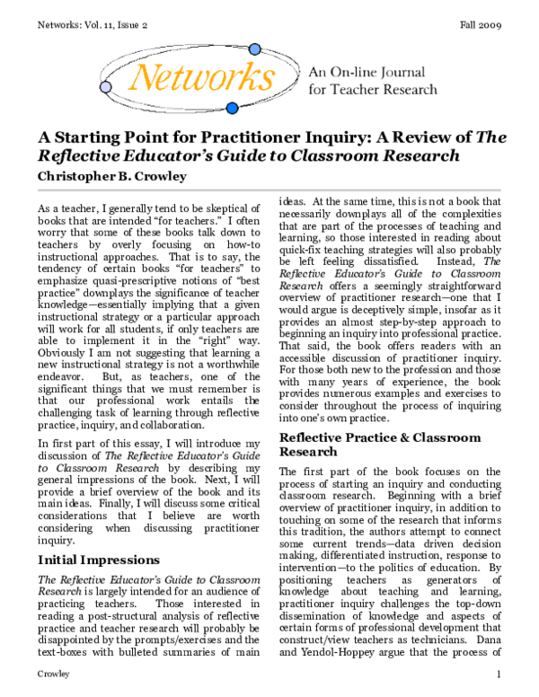 (PDF) A Starting Point for Practitioner Inquiry: A Review of The Reflective Educator's Guide to ...