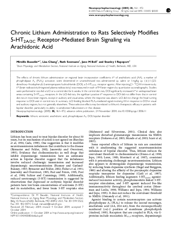 (PDF) Chronic Lithium Administration to Rats Selectively Modifies 5HT2A/2C Receptor-Mediated ...