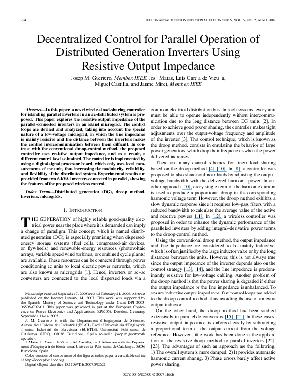 (PDF) Decentralized Control for Parallel Operation of Distributed Generation Inverters Using ...