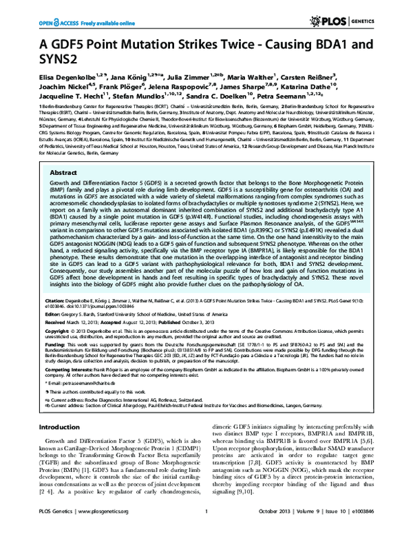 (PDF) A GDF5 point mutation strikes twice--causing BDA1 and SYNS2