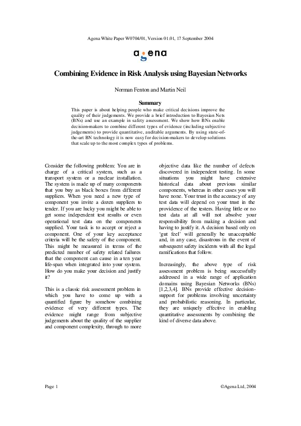 (PDF) Combining evidence in risk analysis using Bayesian Networks