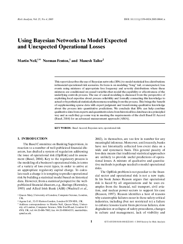 Pdf Using Bayesian Networks To Model Expected And Unexpected Operational Losses