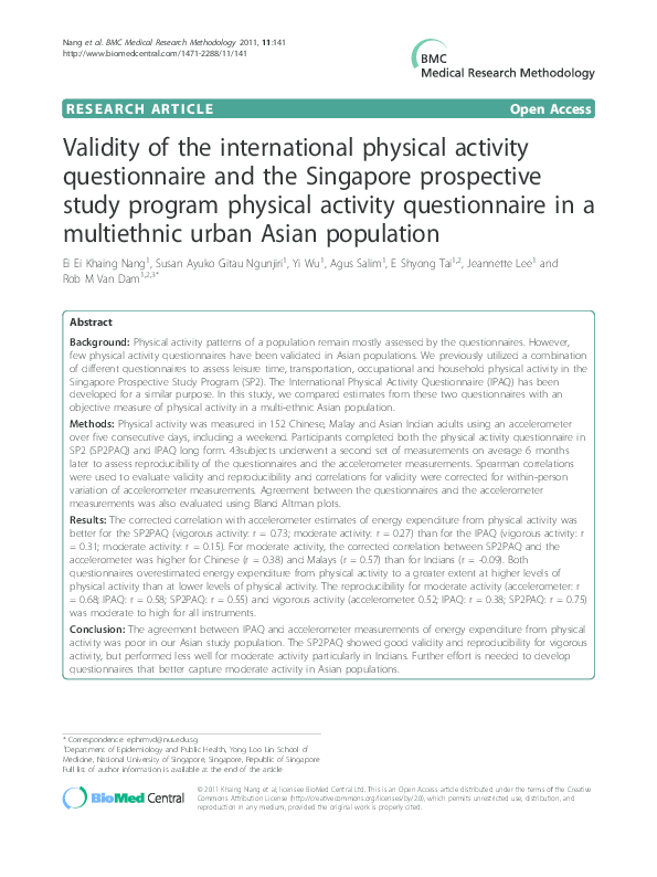 (PDF) Validity of the international physical activity questionnaire and the Singapore ...