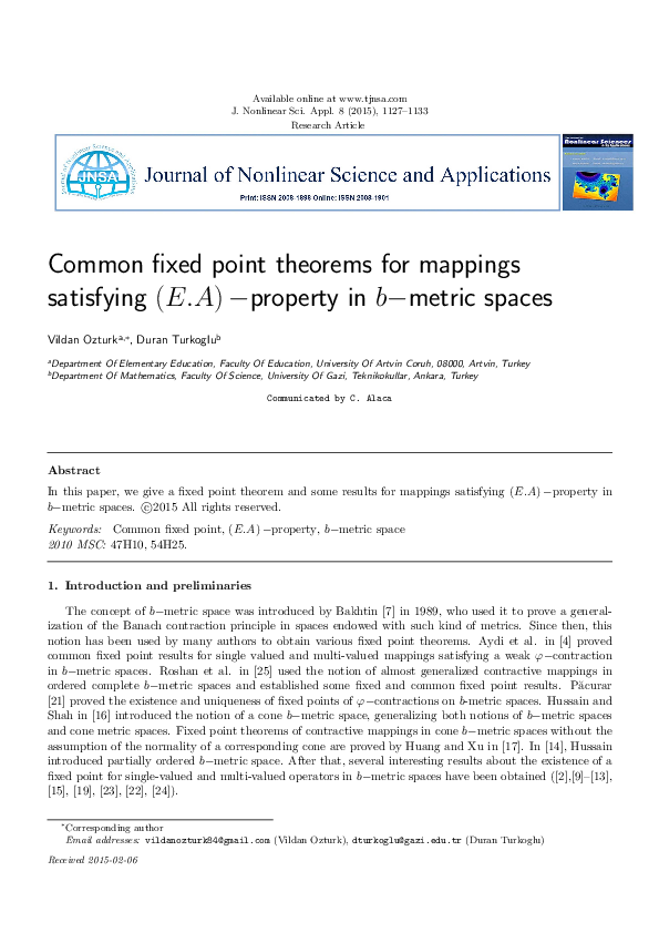 Pdf Common Fixed Point Theorems For Mappings Satisfying E A −property In B−metric Spaces