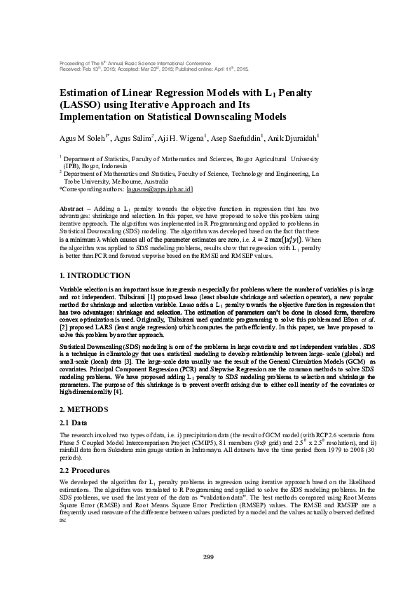 (PDF) Estimation of Linear Regression Models with L 1 Penalty (LASSO) using Iterative Approach ...