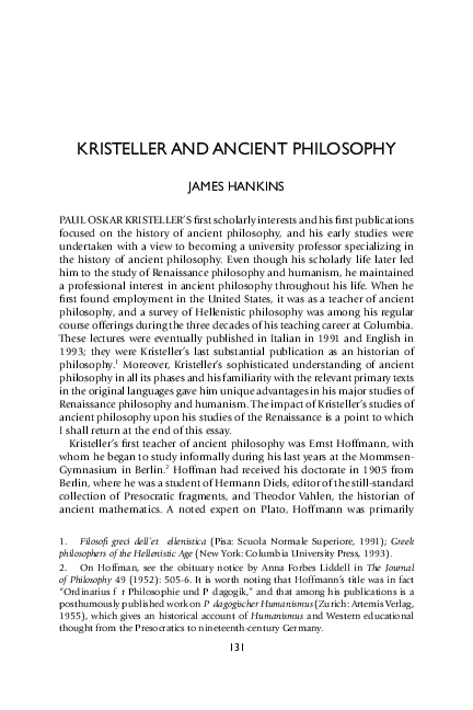 (PDF) Kristeller and Ancient Philosophy