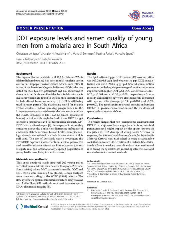 (PDF) DDT exposure levels and semen quality of young men from a malaria ...