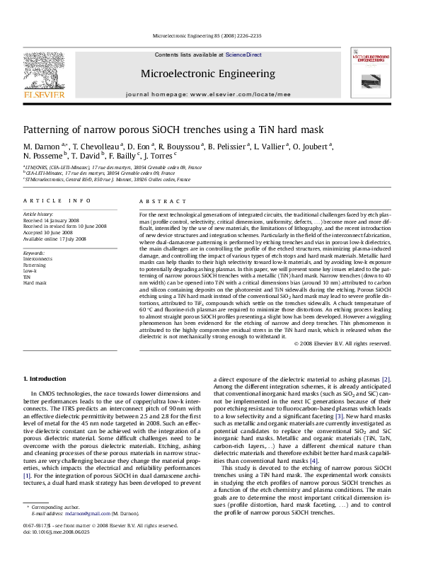 (PDF) Patterning of narrow porous SiOCH trenches using a TiN hard mask